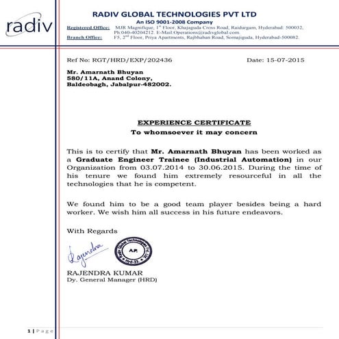 Experience Letter | PDF