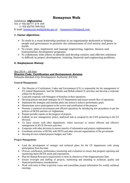 CV Homayoun WAFA Updated 2016 | PDF | Human Resources | Business