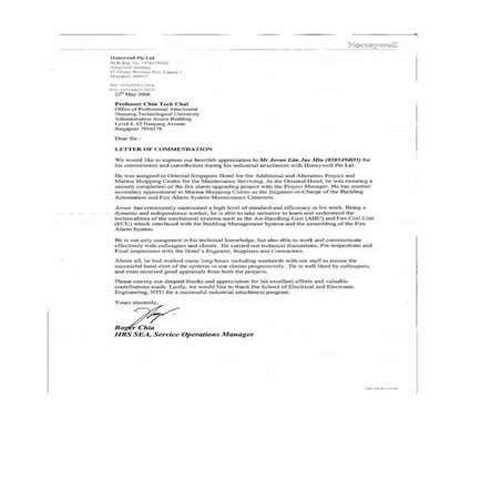 Letter of Commendation from Honeywell to NTU | PDF