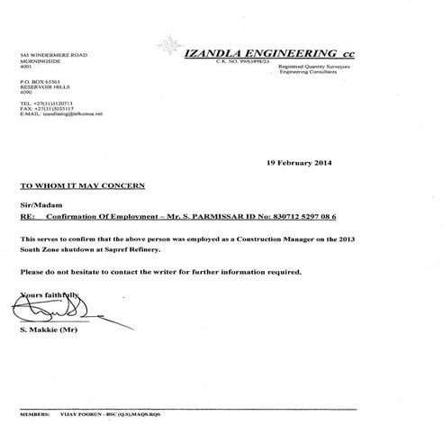 S. PARMISSAR CONFIRMATION LETTER | PDF