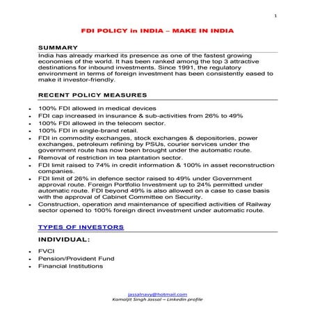 FDI Policy in India MAKE in INDIA | PDF