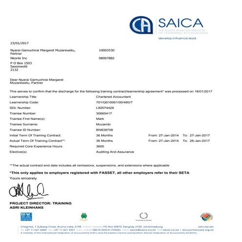 SAICA training contract discharge Certificate | PDF