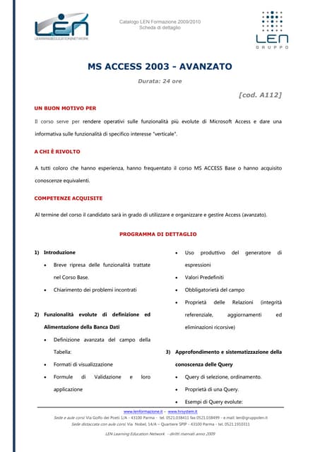 Ms access 2003 Avanzato - Scheda corso LEN | PDF Ms access 2003 Avanzato - Scheda corso LEN | PDF