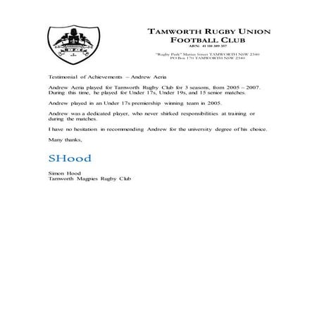 Testimonial of Achievements - Andrew Aeria | DOCX