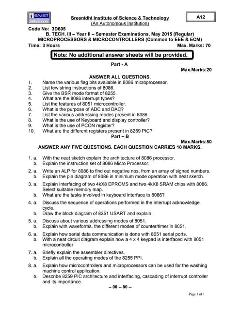 Microcontrollers 80 Marks Sample Question Paper | PDF
