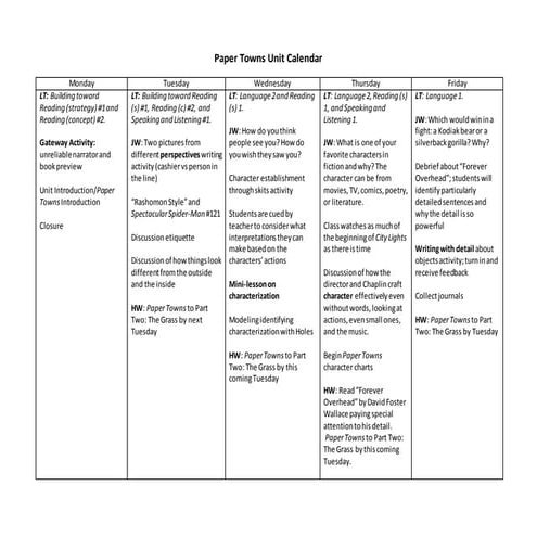 Paper Towns Unit Calendar | PPT