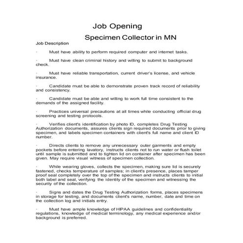 Specimen Collector Job Description | DOCX