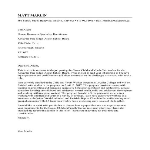 Child and Youth Worker Cover Letter | PDF