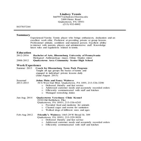 Tennis Professional Resume
