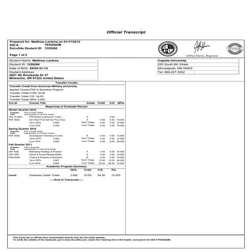 Matts Capella Transcripts | PDF | Professional School | Postgraduate Education