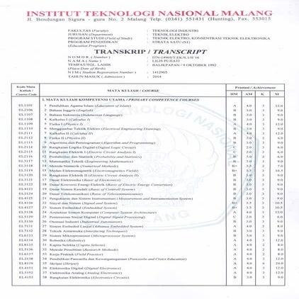 Transkip Nilai 1 | PDF