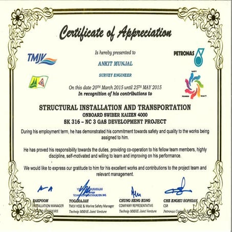 Petronas Certificate of Appreciation - Ankit Munjal Survey Engineer | PDF