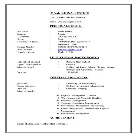 CURRICULAME VITAE OF MOSIANE REFILWE | DOC