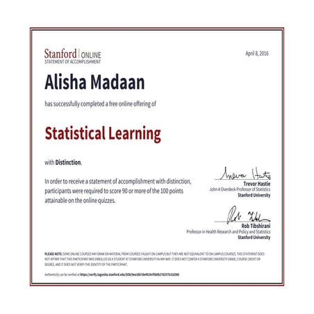 Statement of Accomplishment with Distinction_Stanford University | PDF
