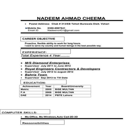 chima nadeem cv | DOC | Civil Engineering Industry | Industries