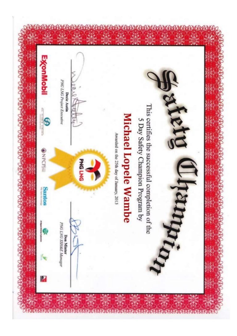 Safety Champion Certificate