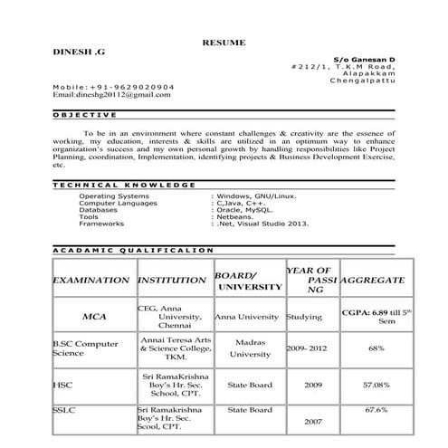 dinesh_Resume | DOC | Programming Languages | Computing