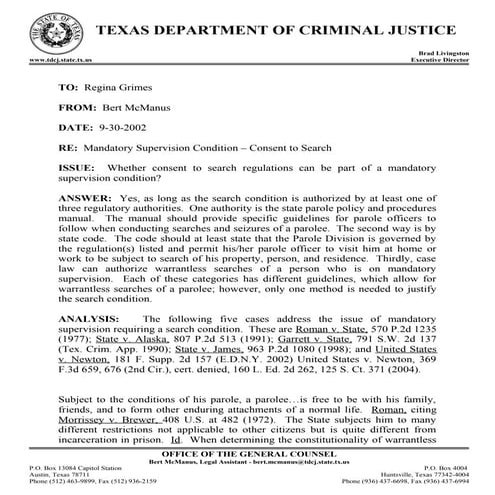 New Legal Memo on Search Conditions for Parole Probation | DOC