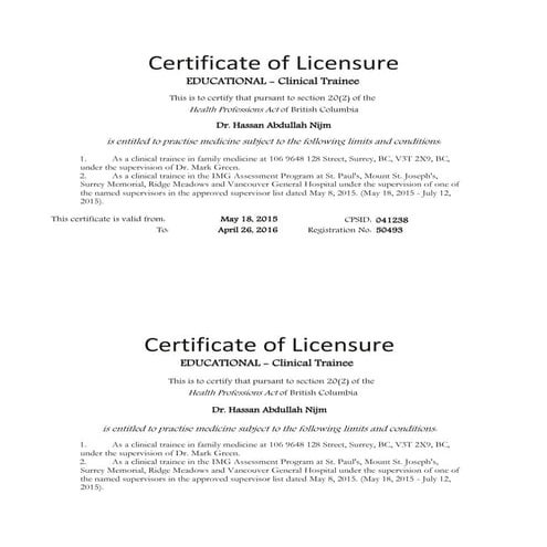 Clinical Trainee License for Dr. Nijm | PDF