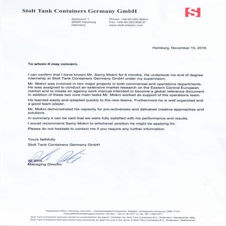 Letter of Recommendation Samy Mokni Stolt Tank Containers | PDF