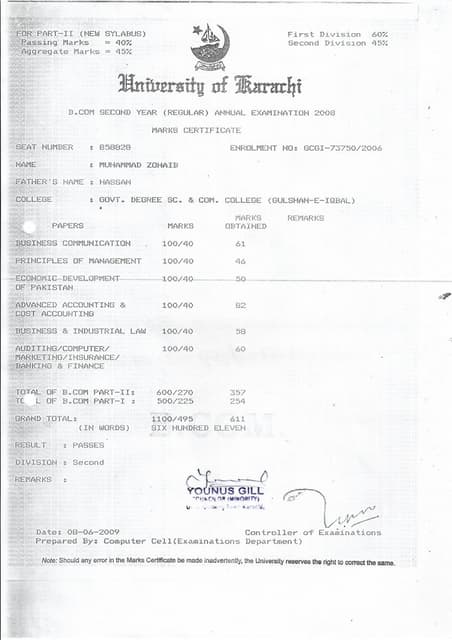 B.COM MARK SHEET | PDF