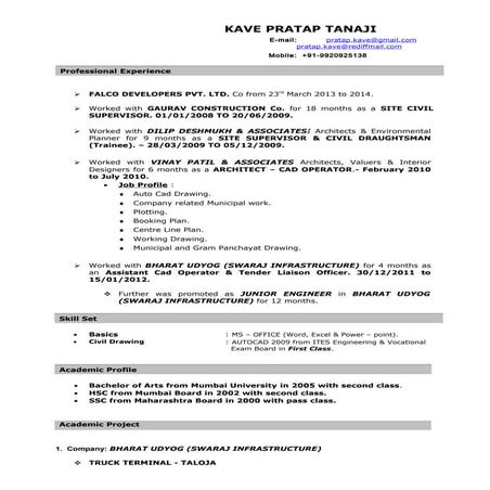 Resume_KAVE PRATAP TANAJI | DOC | Civil Engineering Industry | Industries