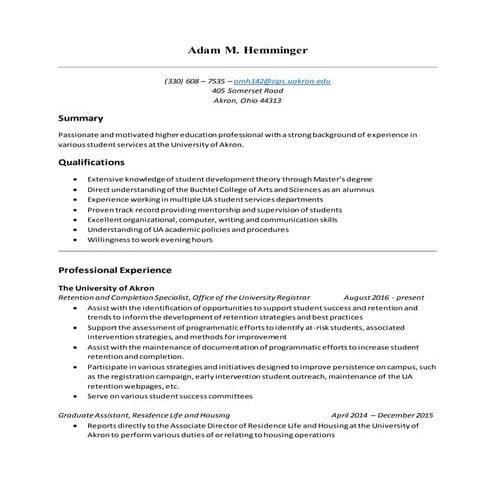 Adam M Hemminger Resume 2016 | DOCX | Professional School ...