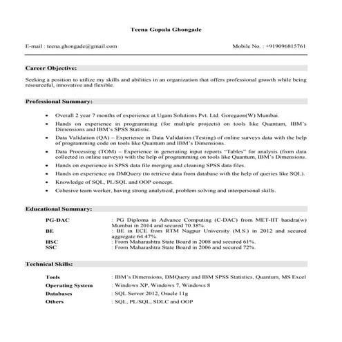 TeenaGhongade_Resume_MR | PDF | Databases | Computer Software and Applications