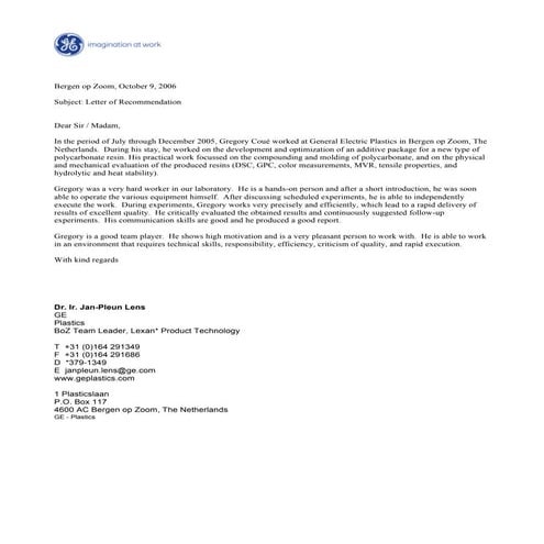 Reference Letter (GE) Grégory Coué | PDF