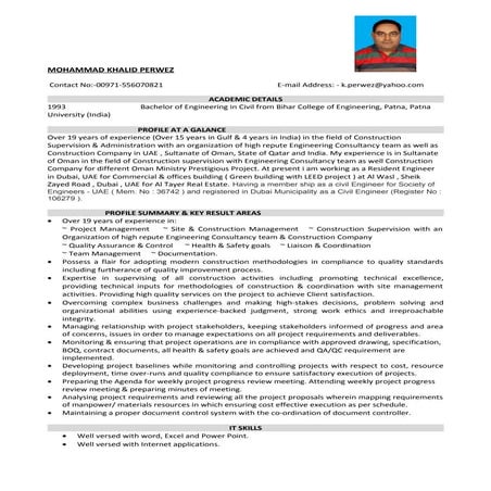 CV of Mohammad Khalid Perwez. | DOC | Civil Engineering Industry | Industries