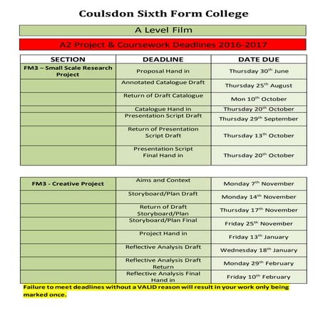 A2 Film project deadlines 2016-17 | DOCX
