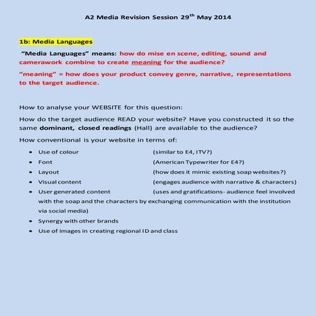 A2 media revision session 29th may 2014 | PDF