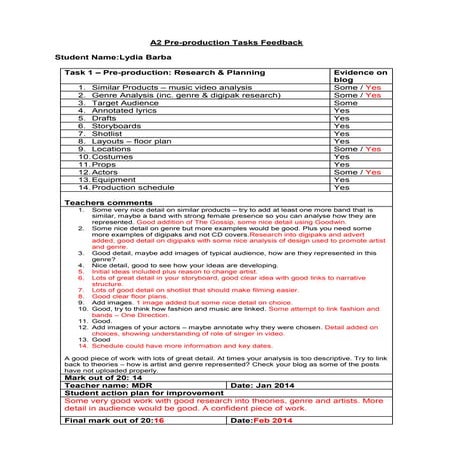 A2 pre production tasks feedback sheet Lydia Barba | DOCX