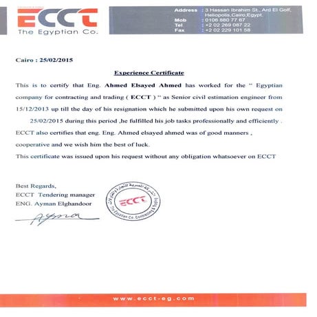 Experience Certificate Eng. Ahmed Elsayed | PDF