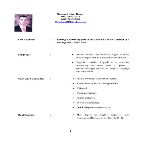 CV.. Mohamed Abdel Basset ..Shariaá role Feb 17 | ODT | Business Accounting & Finance | Business