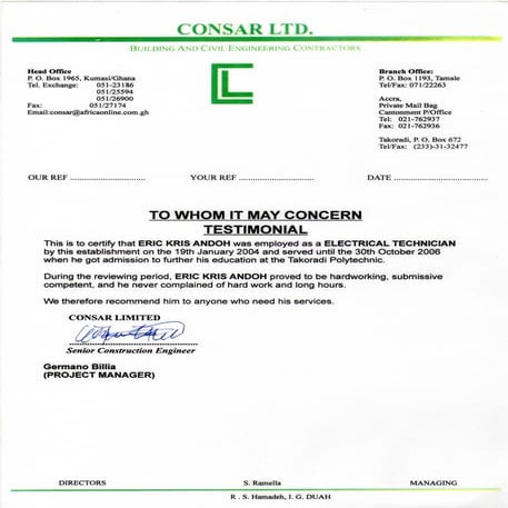 TESTIMONIAL FROM CONSAR CONTRUCTION LTD | PDF