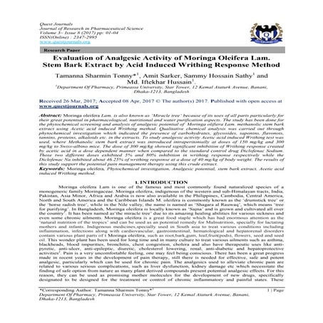 Evaluation of Analgesic Activity of Moringa Oleifera Lam. Stem Bark ...