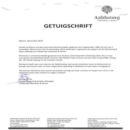 Getuigschrift - Aaldering Vineyards & Wines | PDF