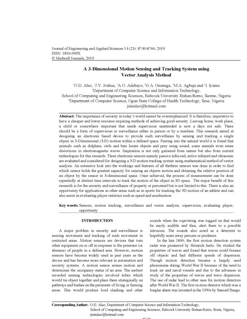 A 3 Dimensional Motion Sensor And Tracking System Using Vector Analysis