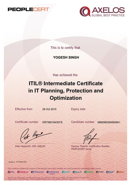 ITIL Intd CAP-RCV (2011) Certificate | PDF