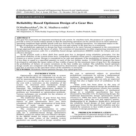 Reliability Based Optimum Design of a Gear Box | PDF