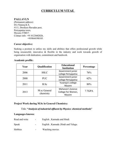 MSc fresher resume | DOC