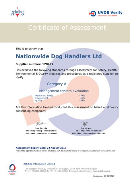 Achilles UVDB audit certificate exp. 29.10.18