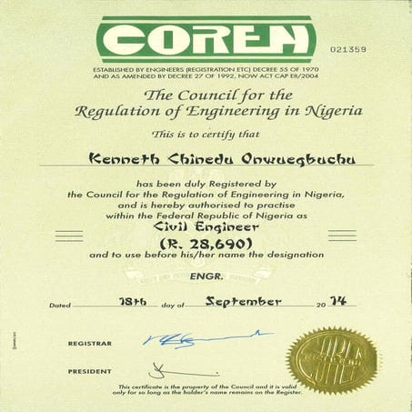 COREN CERTIFICATE | PDF