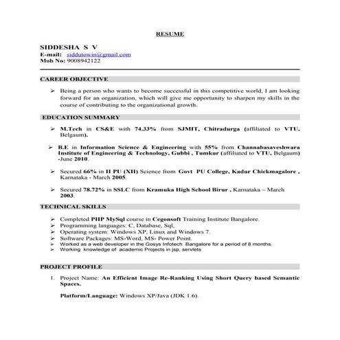siddesh M Tech resume 1 | DOC | Programming Languages | Computing