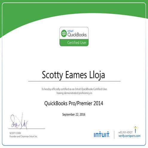 Intuit QB Certified User Certification - Scotty Lloja | PDF
