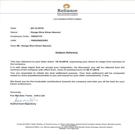 RIL Relieving&Service certificates | PDF