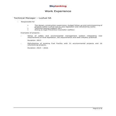 Work Experience - Technical Manager - Luxfuel SA - Bart Kinnaert | PDF ...