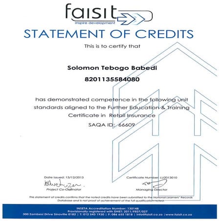 Statement of Credits - FAISIT | PDF