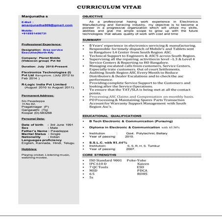 Resume Manjunatha area service incharge 5 years exp | DOCX